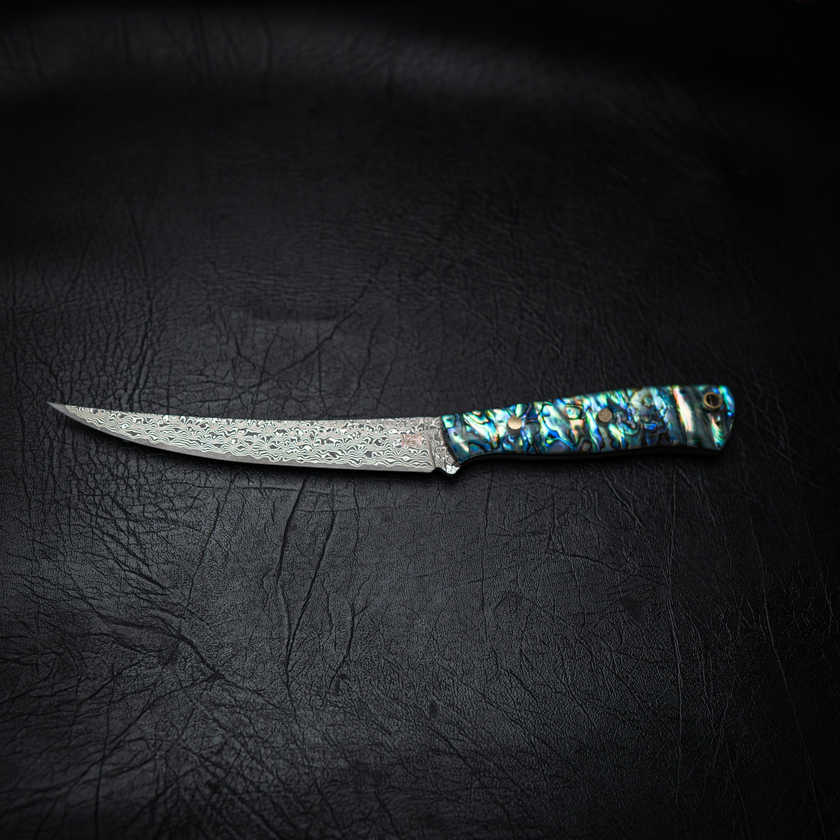 Raindrop Damascus San Mai Boning / Fillet Knife – Abalone Shell Handle